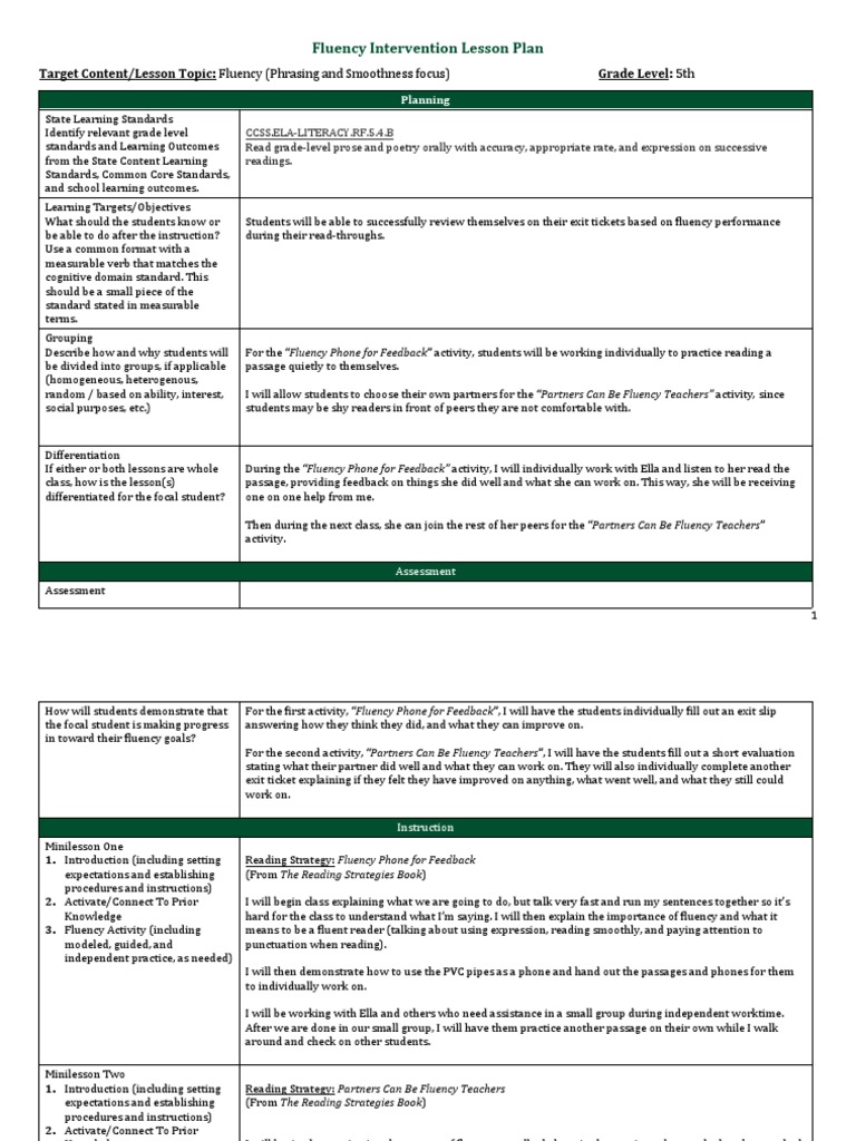 5th Grade Fluency Lesson Plan | PDF | Fluency | Neuropsychological ...