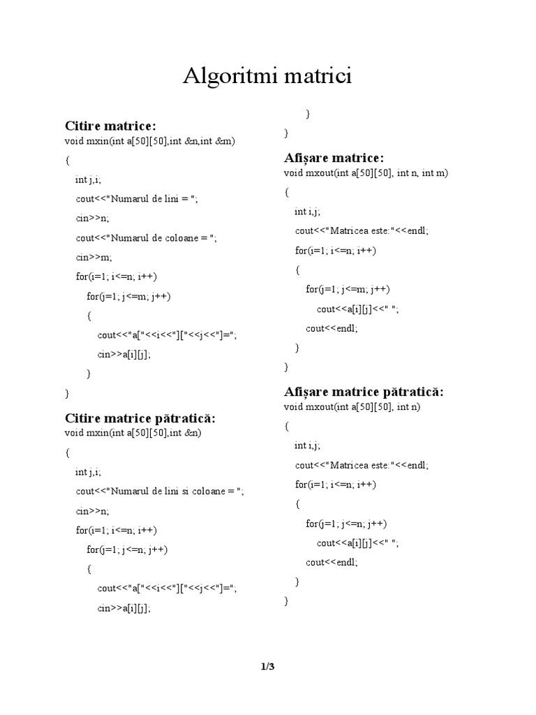 Algoritmi Matrici: Citire Matrice: Afișare Matrice | PDF