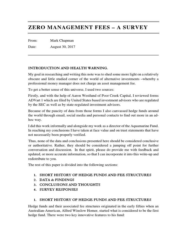 Zero Management Fees | PDF | Hedge Fund | Investment Management