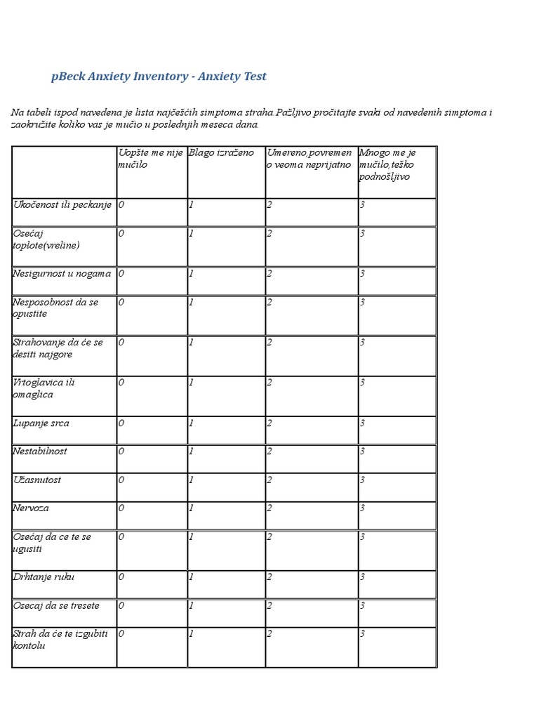 Pbeck Anxiety Inventory - Anxiety Test | PDF
