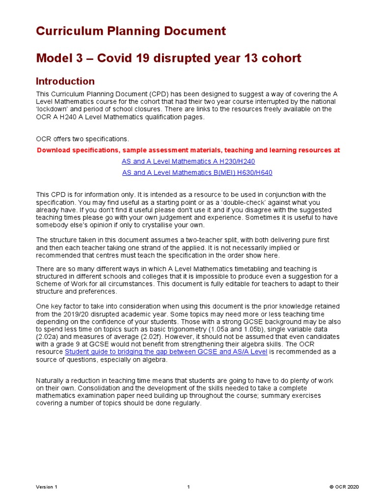 Curriculum Planning Document Model 3 - Covid 19 Disrupted Year 13 ...
