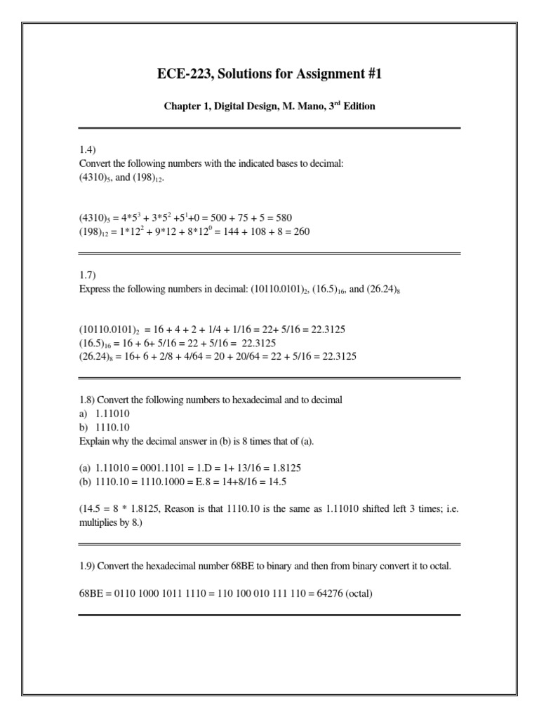 Ece 223 Solutions For Assignment 1 Chapter 1 Digital Design M Mano 3 Edition Pdf