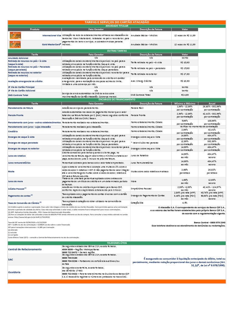 Nova - Tabela - Taxas e Tarifas - ATC - Resumida PDF | PDF | Juros | Crédito