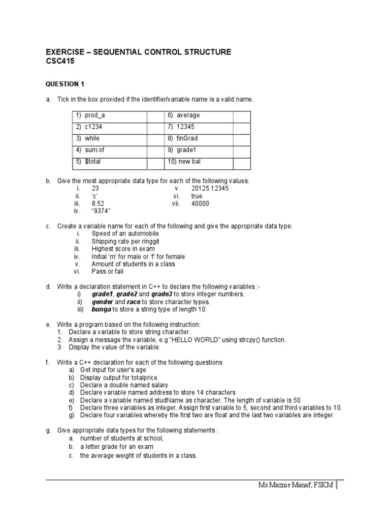 Exercise Sequential Control Structure | PDF | Variable (Computer ...