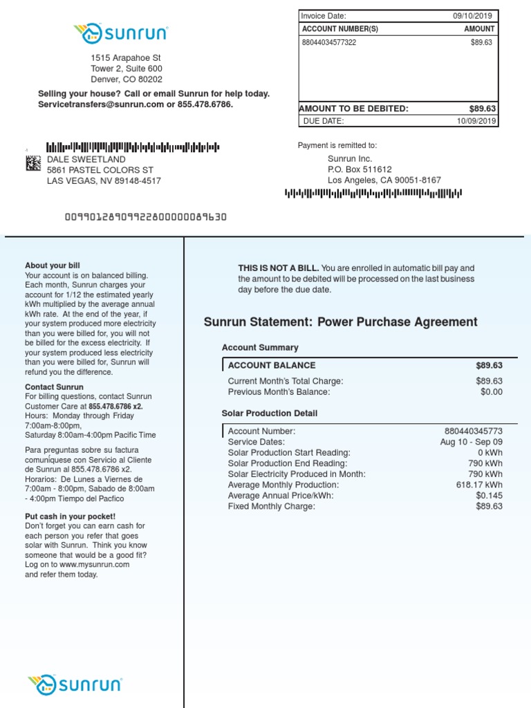 Sunrun Statement: Power Purchase Agreement: Account Number (S) Amount | PDF | Electric Power ...
