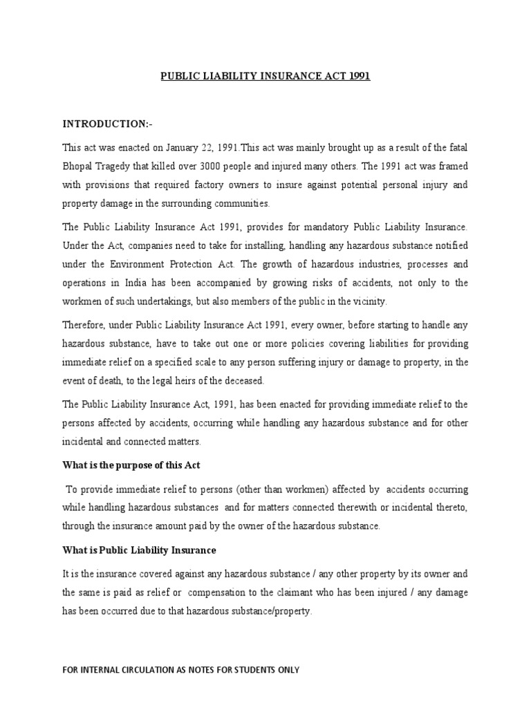 Public Liability Insurance Act 1991 | PDF | Liability Insurance | Insurance