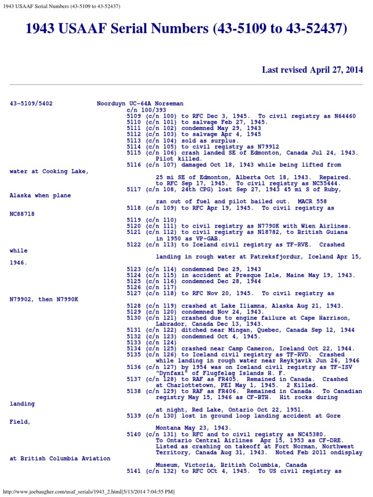 1943 USAAF Serial Numbers Overview | PDF | Aviation | Aeronautics