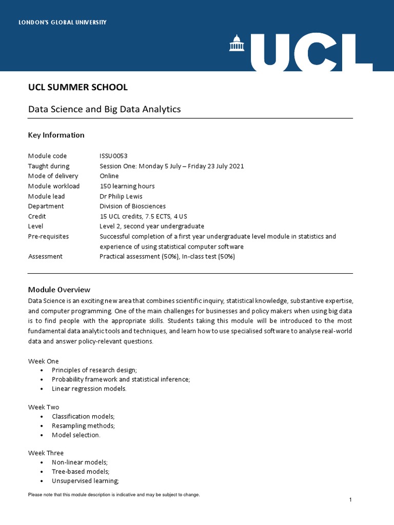 Ucl Summer School: Data Science and Big Data Analytics | PDF | Analytics | Statistics