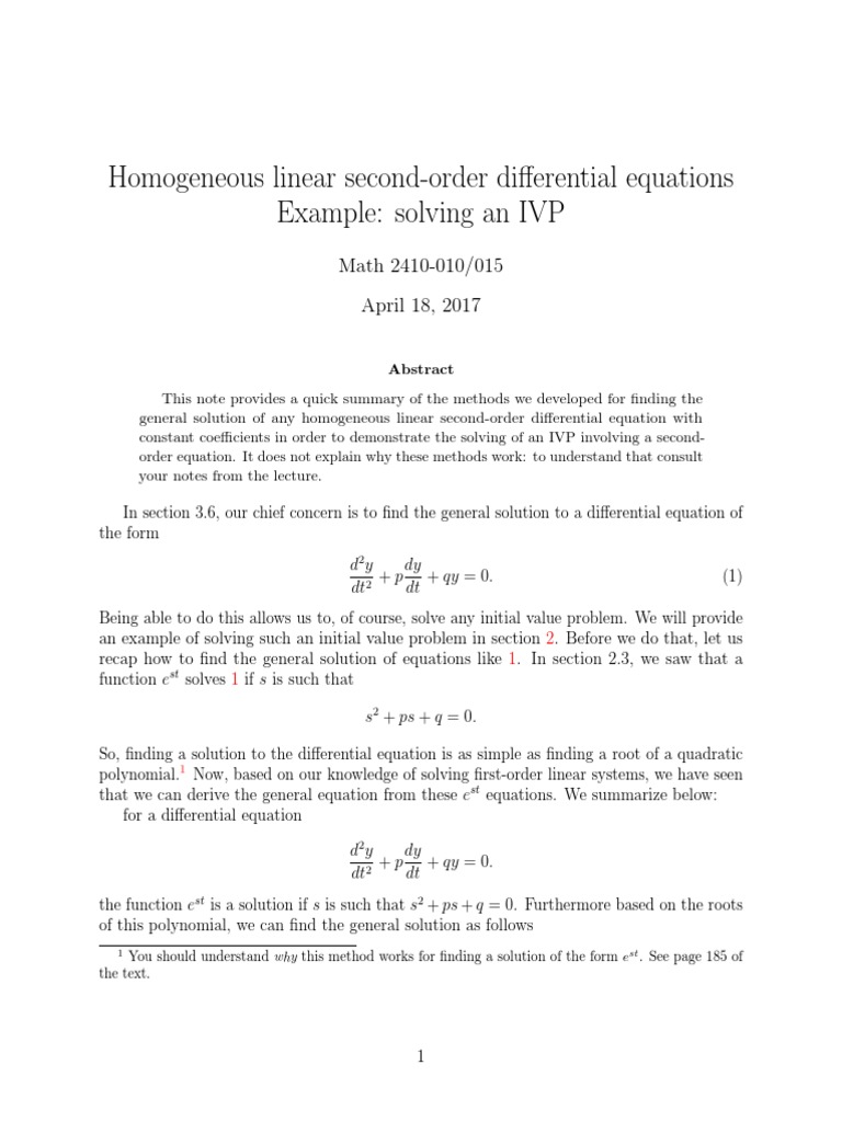 Homogeneous Linear Second-Order Differential Equations Example: Solving ...