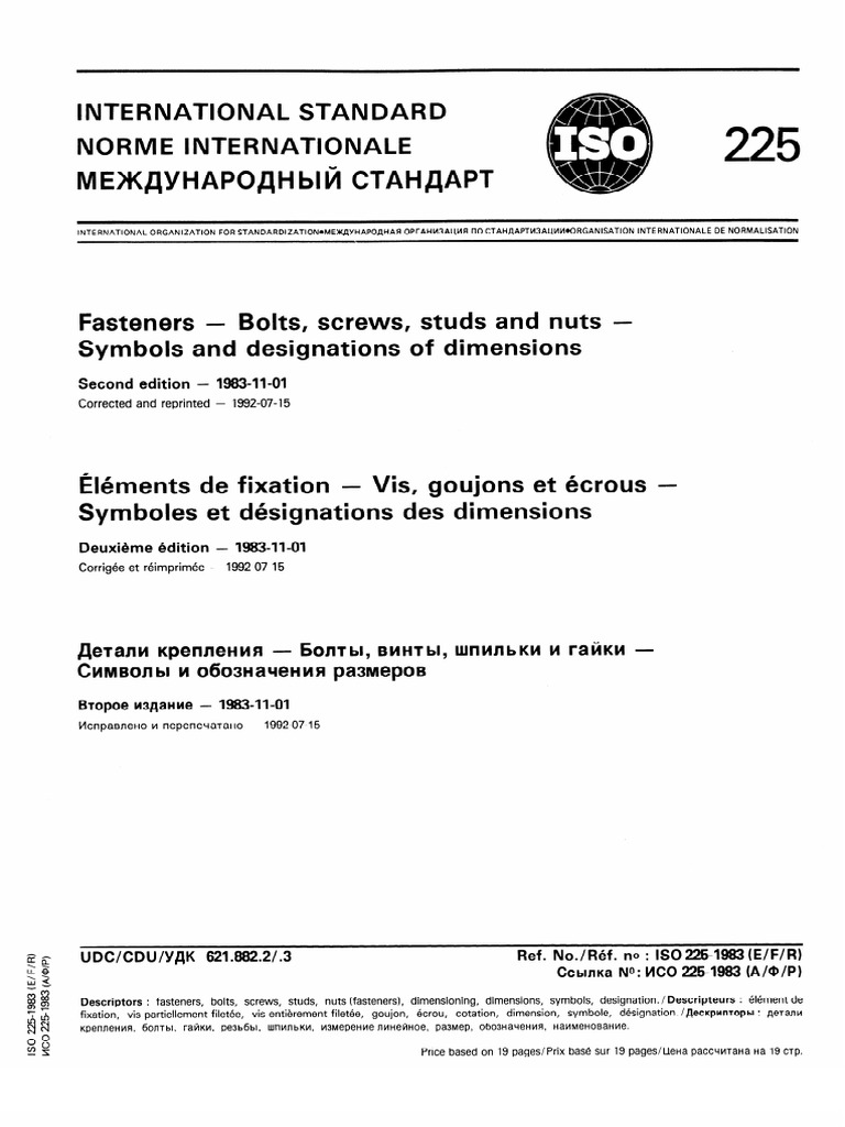 ISO 225: Fastener Symbols & Dimensions | PDF | Screw | Joining