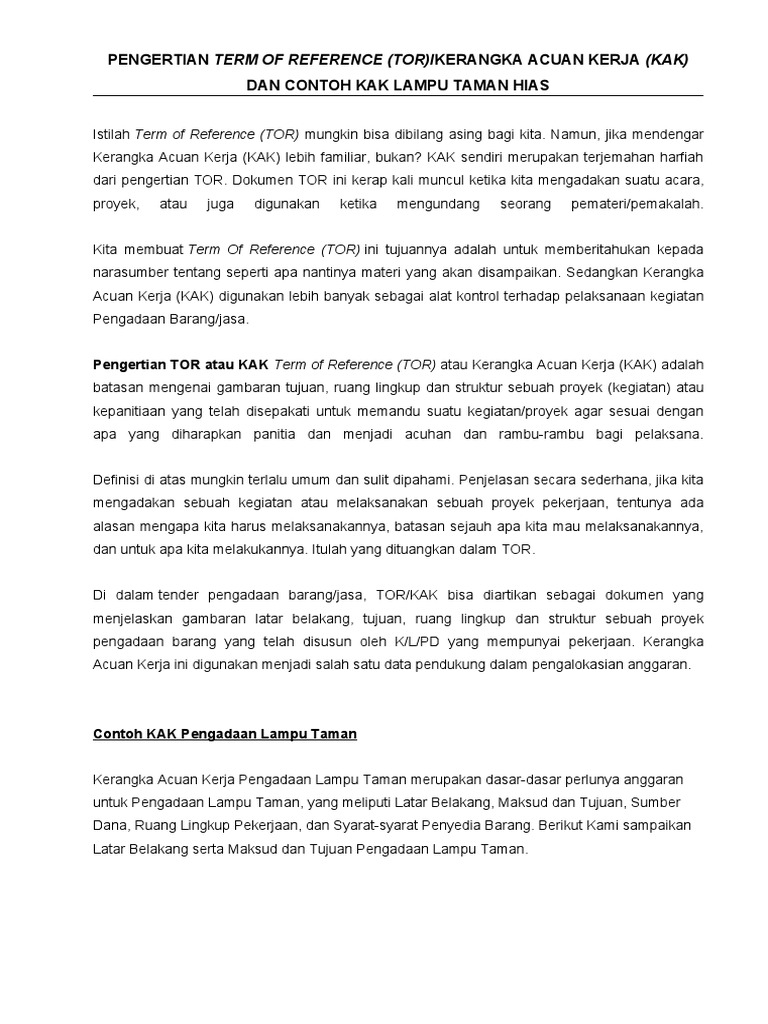 Pengertian dan Contoh TOR/KAK | PDF