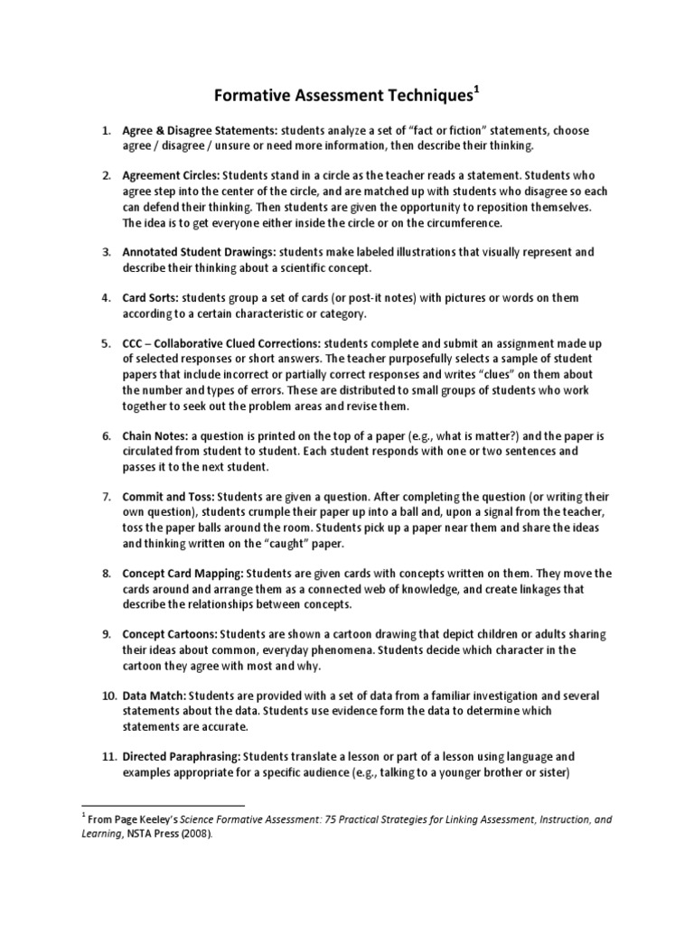 Formative Assessment Techniques | PDF | Question | Understanding