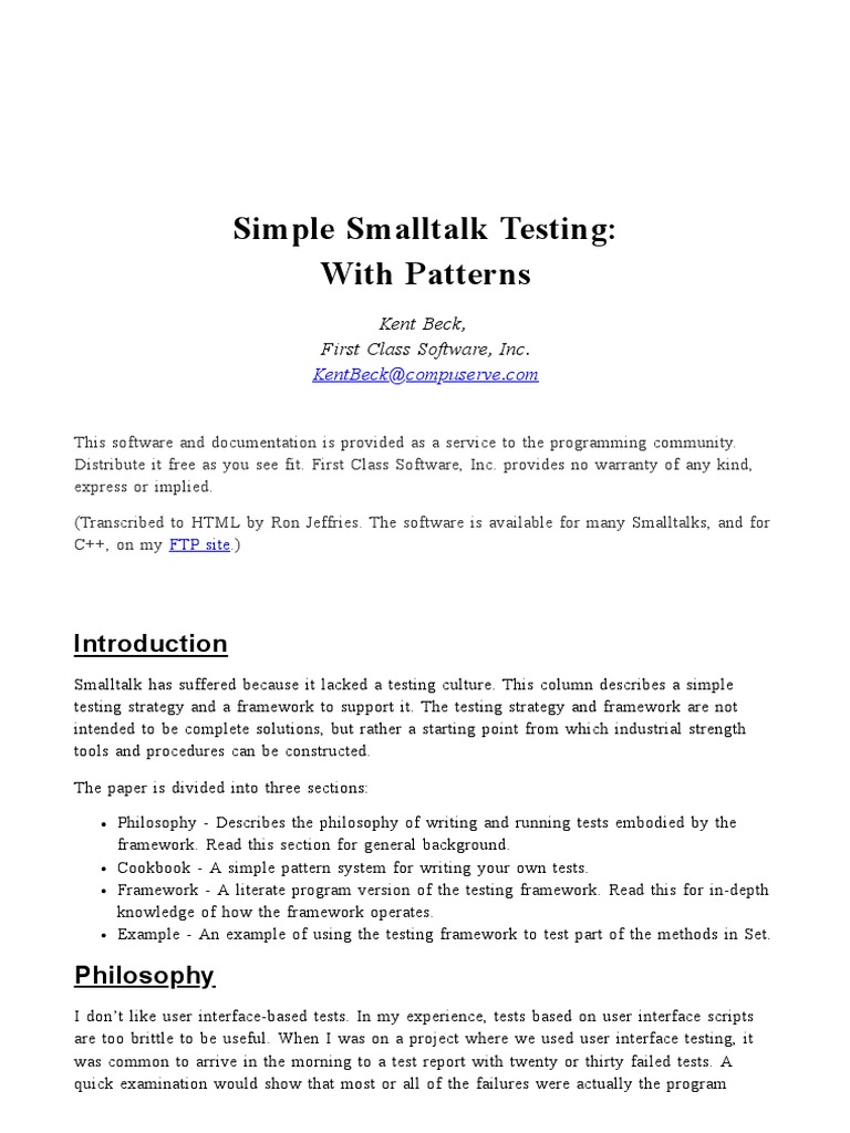 Simple Smalltalk Testing: With Patterns: Kent Beck, First Class ...