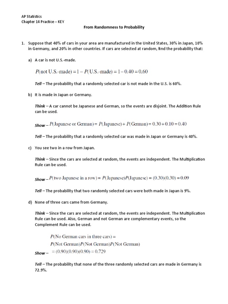 From Randomness To Probability: AP Statistics Chapter 14 Practice - KEY ...