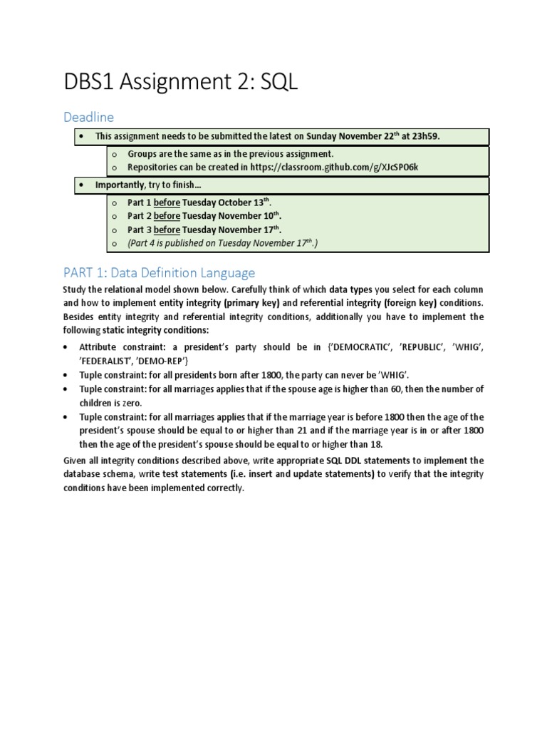 DBS1 Assignment 2: SQL: Deadline | Download Free PDF | Relational Model | Databases