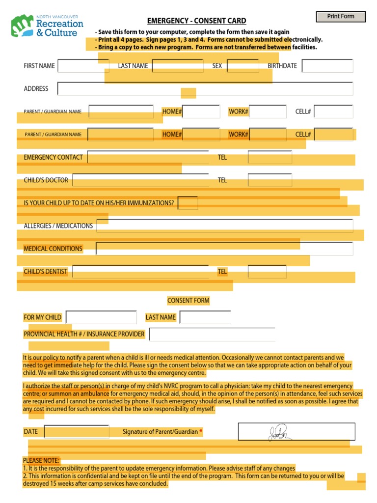 Emergency - Consent Card: Parent / Guardian Name | PDF | Emergency ...