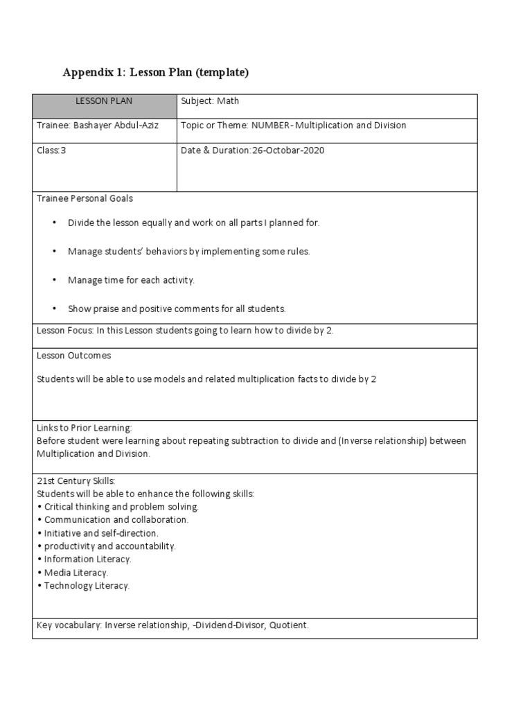 Appendix 1: Lesson Plan (Template) | Download Free PDF | Lesson Plan | Division (Mathematics)