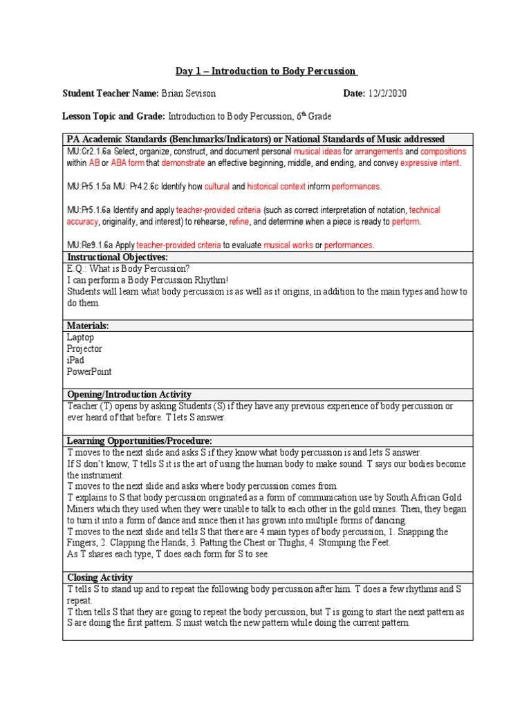 Day 1 - Body Percussion Lesson | PDF | Reading Comprehension ...