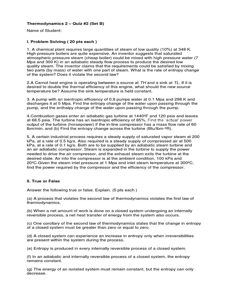 Thermodynamics 2 Quiz 2 Set B Download Free Pdf Entropy