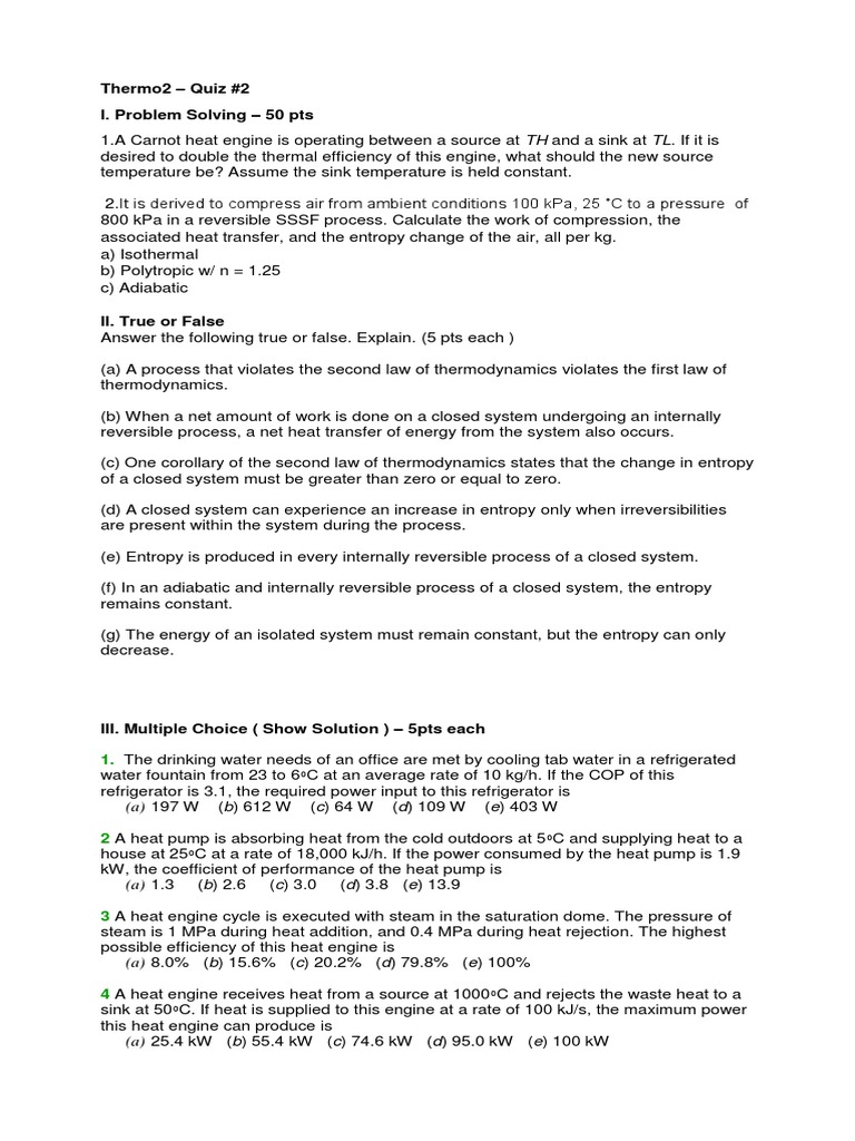 Thermo2 Quiz 2 - SetC PDF | PDF | Entropy | Heat Pump