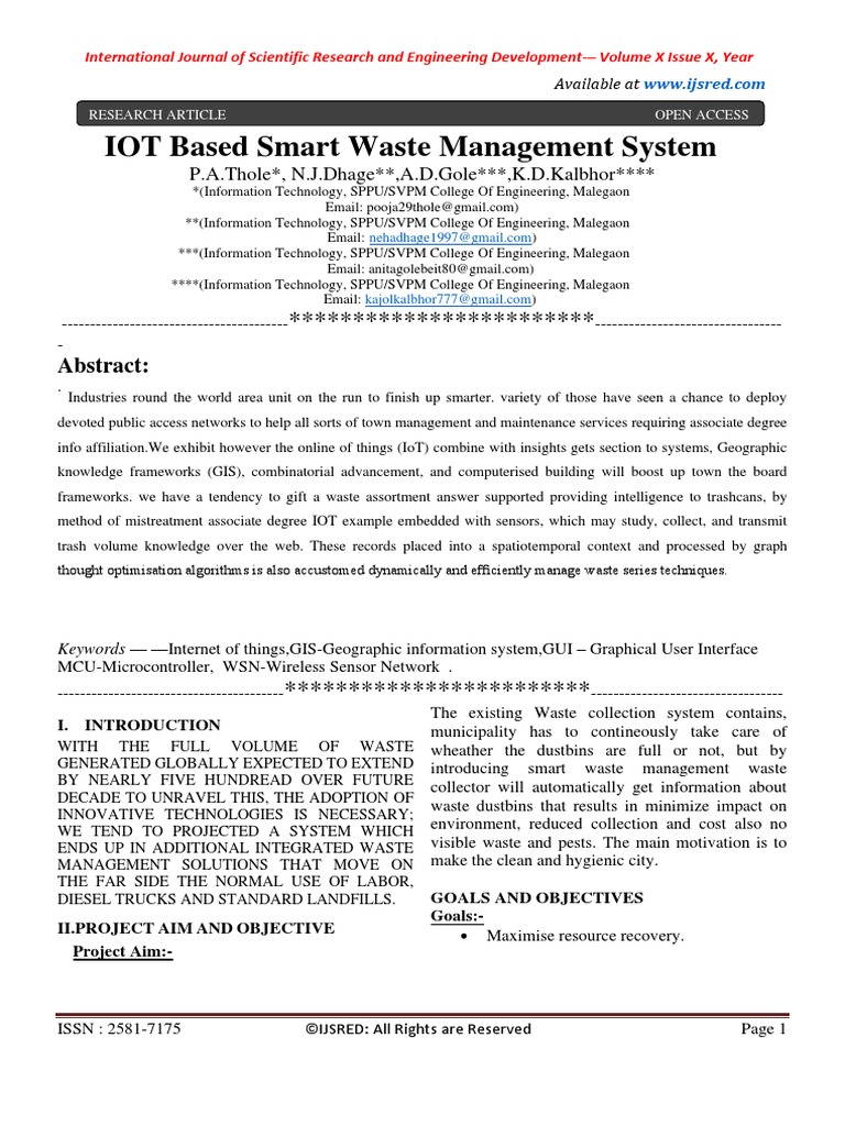 IOT Based Smart Waste Management System PDF | PDF | Wireless Sensor ...