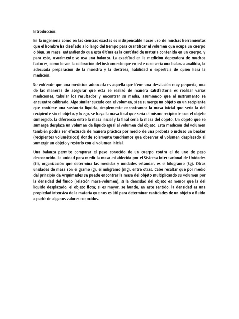 Introducción Masa Volumen. | PDF | Medición | Volumen