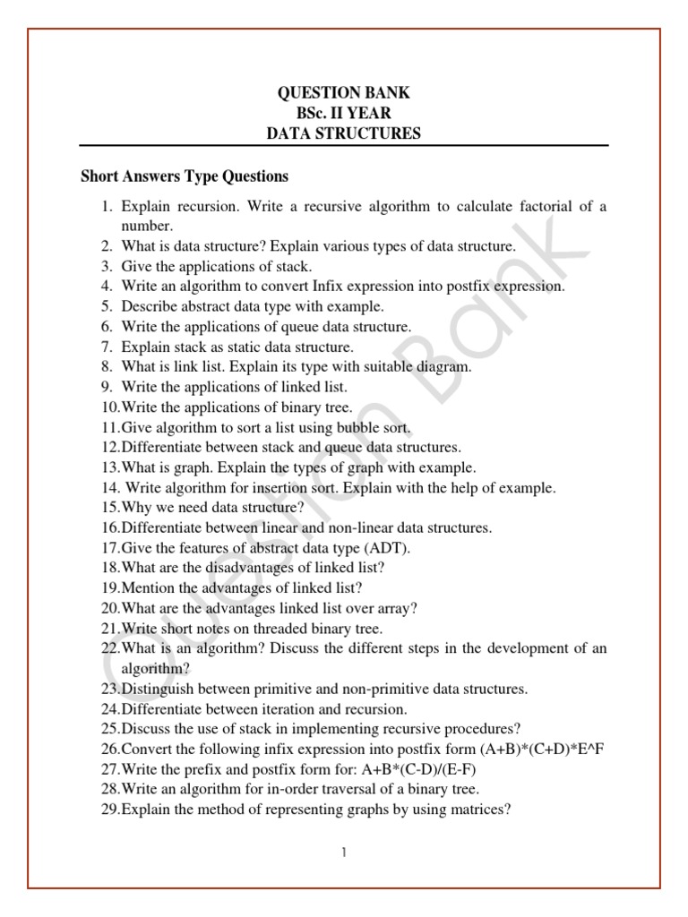 Question Bank Bsc. Ii Year Data Structures Short Answers Type Questions ...