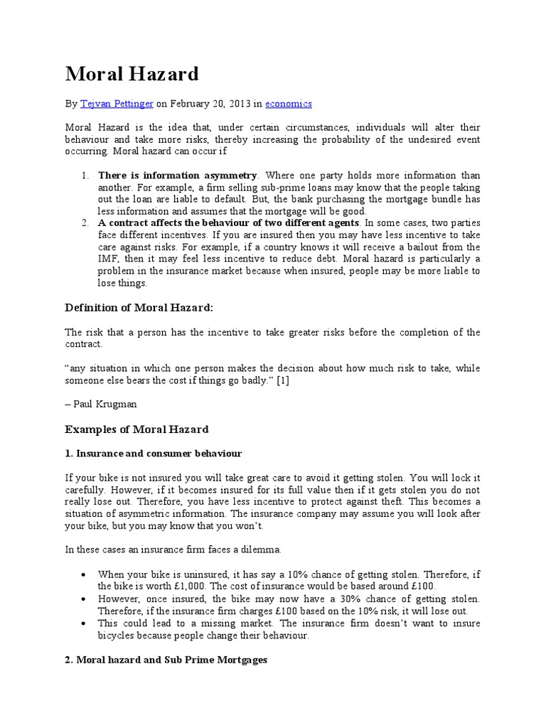 Moral Hazard: Tejvan Pettinger Economics | PDF | Moral Hazard | Debt