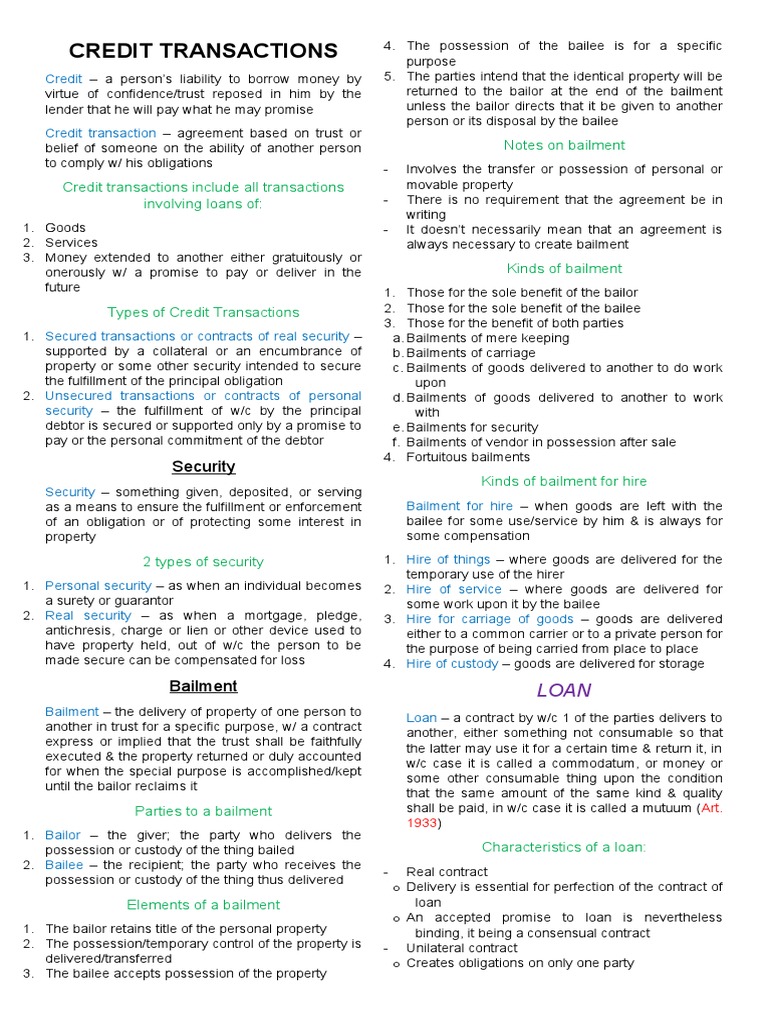 Credit Transactions: Notes On Bailment | PDF | Credit | Finance & Money ...