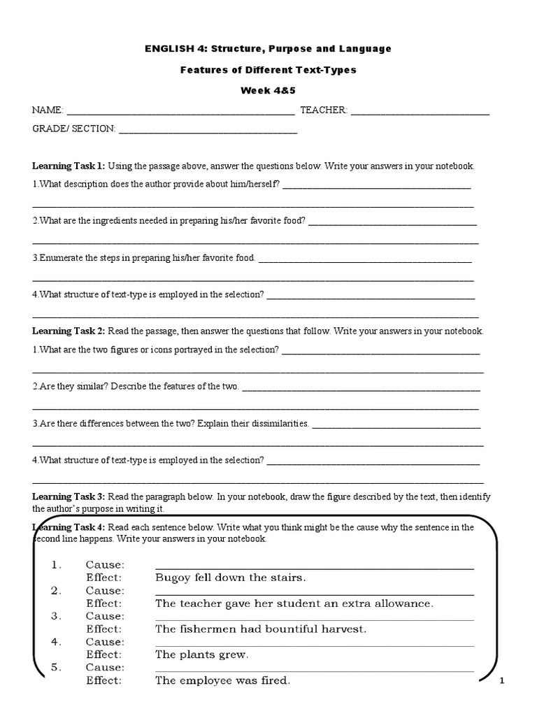 Grade 4 English Week 4 Activities | PDF | Communication | Learning