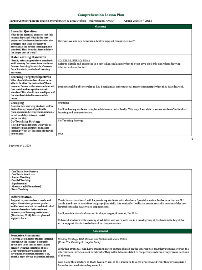 Comprehension Lesson Plan: Essential Question | PDF | Reading ...