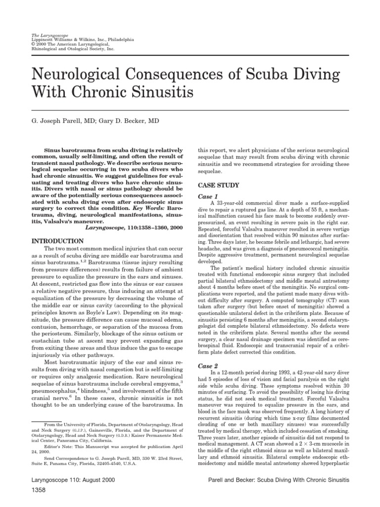 Neurological Consequences of Scuba Diving With Chronic Sinusitis | PDF ...
