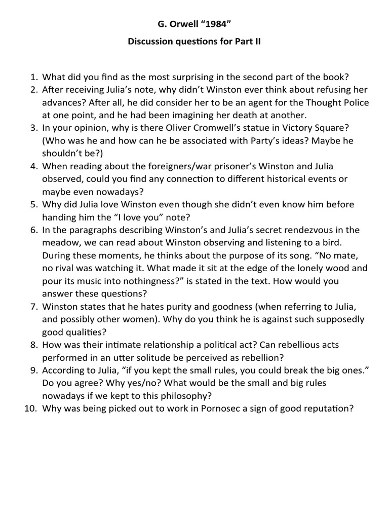G. Orwell "1984" Discussion Questions For Part II | PDF