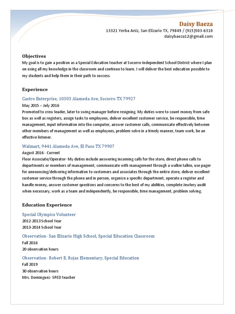 Daisy Baeza Resume References | PDF | Special Education | Teachers