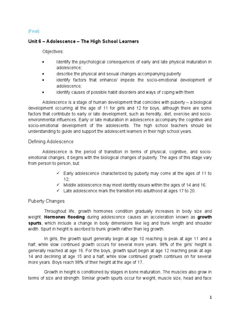 Unit 6 - Adolescence - The High School Learners: (Final) | PDF ...