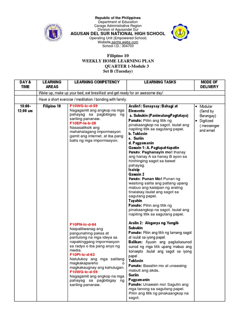 Final-Q1.weekly-Home-Learning-Plan FILIPINO | PDF