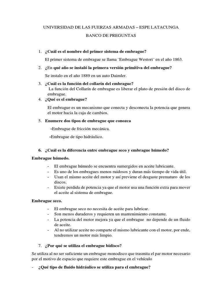 Cuestionario Final P1 | PDF | Embrague | Transmisión (Mecánica)
