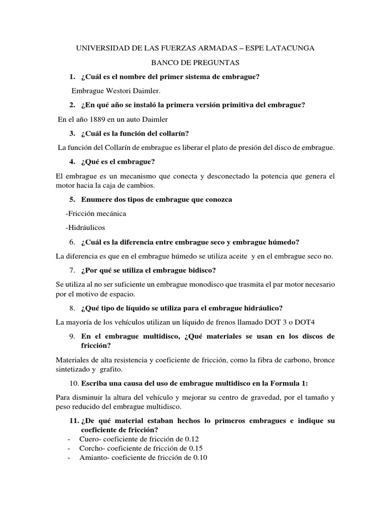 Cuestionario Prueba 1 | PDF | Embrague | Transmisión (Mecánica)