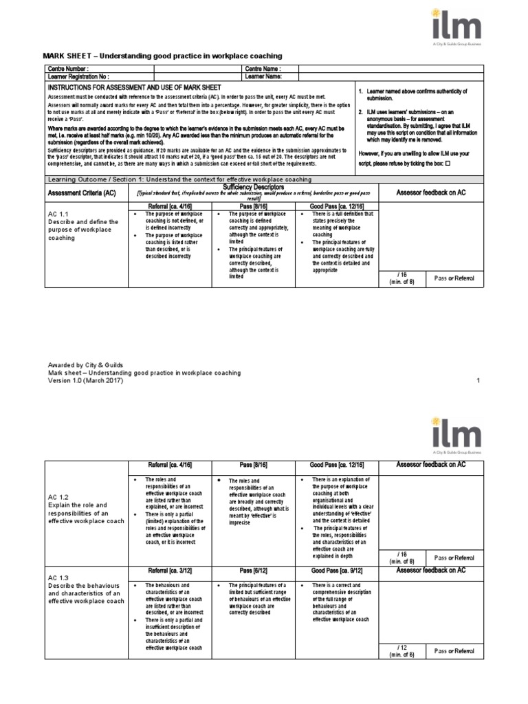 MARK SHEET - Understanding Good Practice in Workplace Coaching | PDF ...