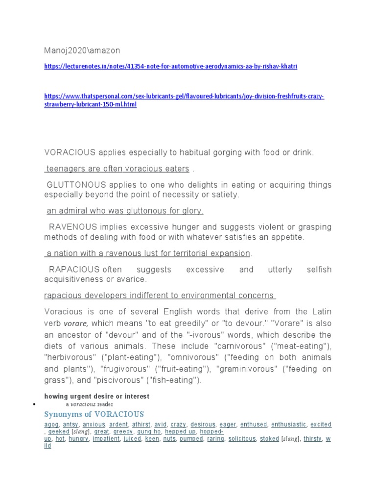 Synonyms Of: Voracious | PDF | Eating Behaviors | Foods