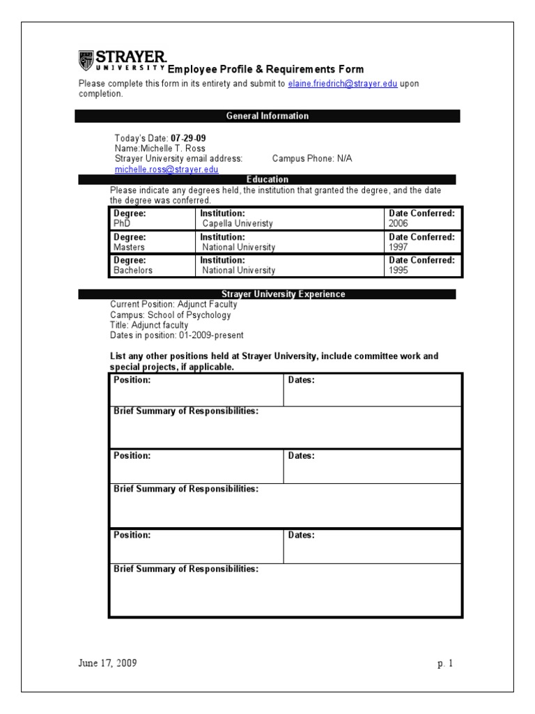 Employee Profile & Requirements Form: Elaine - Friedrich@strayer - Edu ...