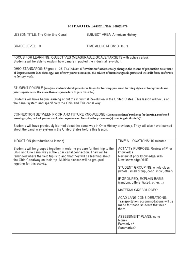 Edtpa/Otes Lesson Plan Template | PDF | Educational Psychology | Learning
