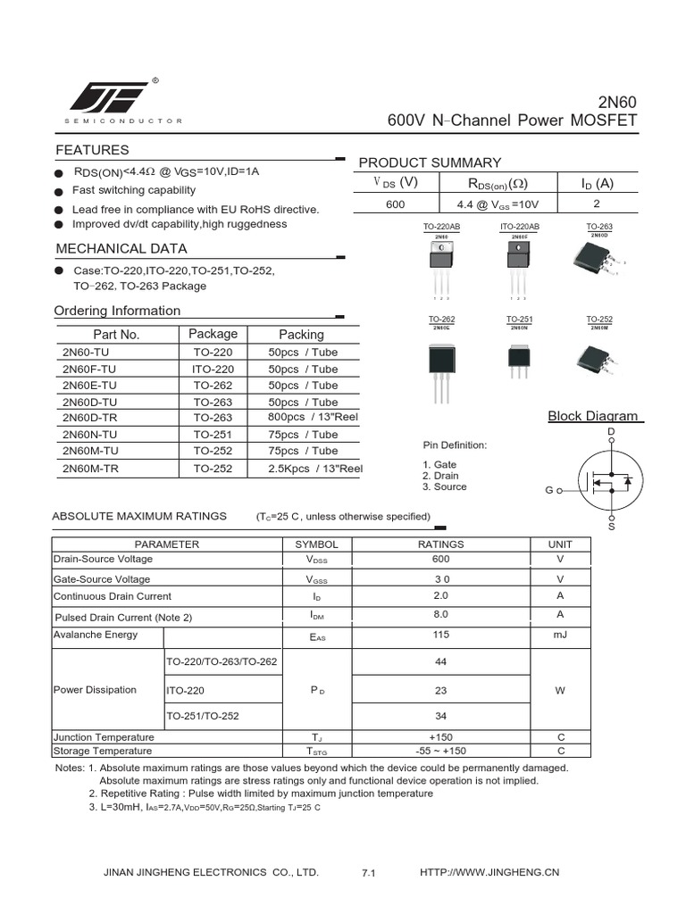 2N60 600V N Channel Power MOSFET: - Features | PDF | Field Effect ...