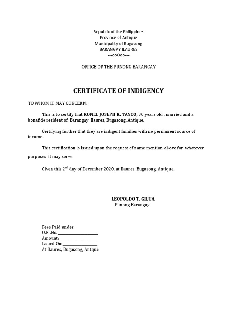 Certificate of Indigency: Leopoldo T. Gilua | PDF