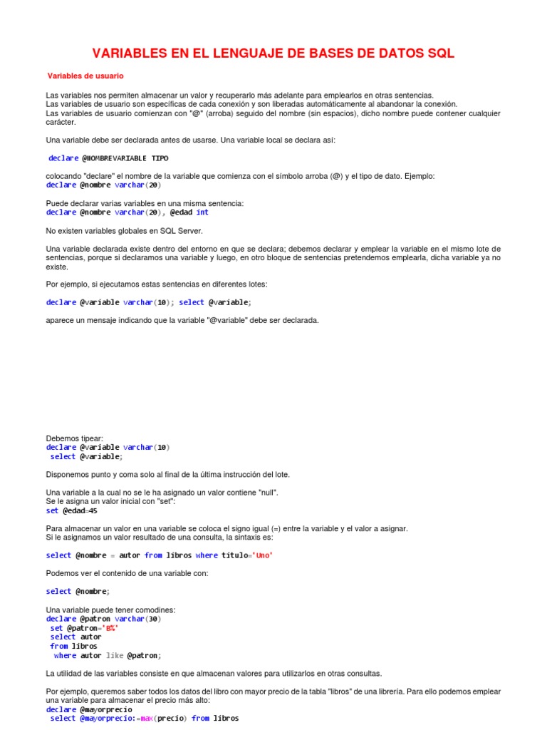 Variables en SQL Server PDF | PDF | SQL | Servidor SQL de Microsoft