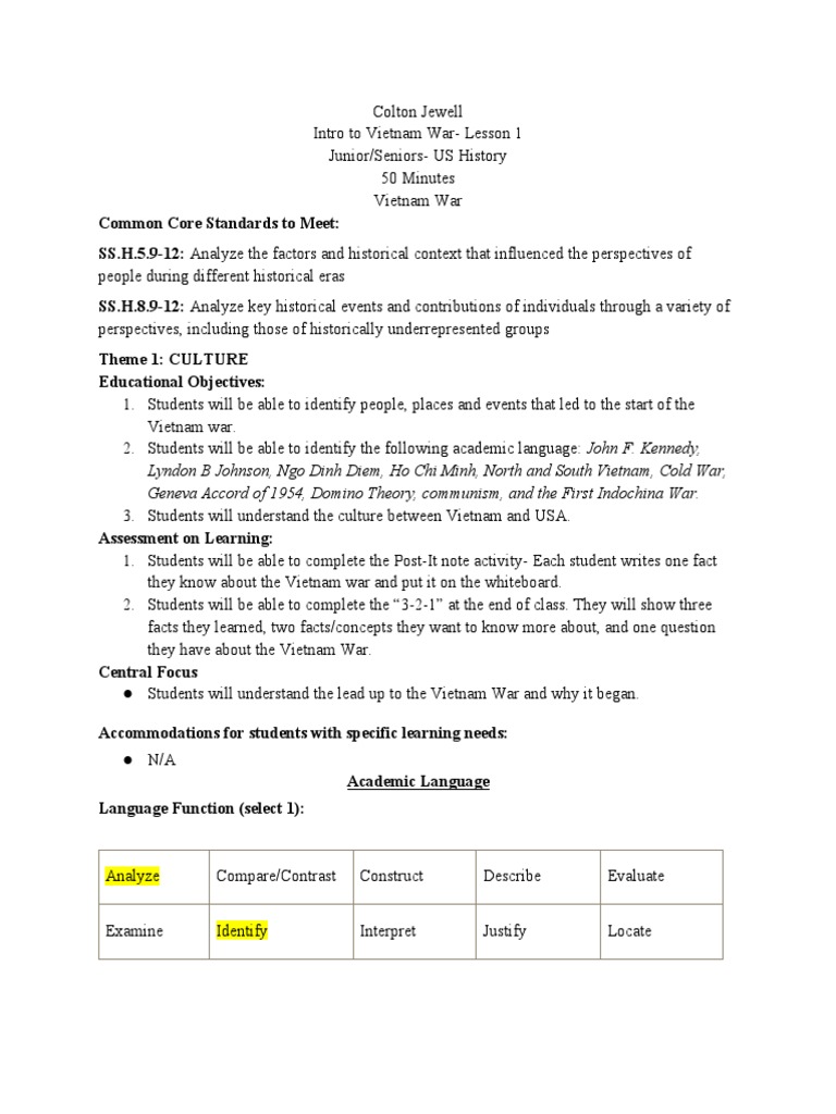 Lesson Plan 1-Introduction To Vietnam | PDF | North Vietnam | Vietnam War
