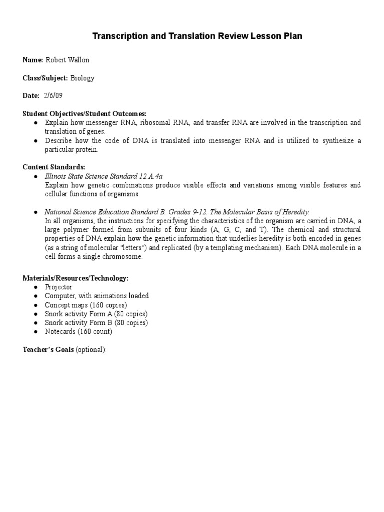 Transcription Concept Map Lesson Plan | PDF | Translation (Biology) | Rna