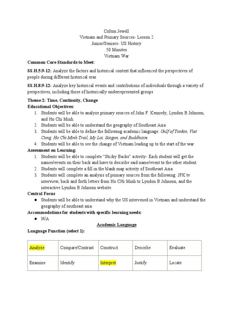 Lesson Plan 2 - Introduction Cont | PDF | Vietnam War | North Vietnam