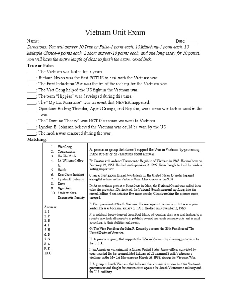 Vietnam Unit Exam | PDF | Vietnam War | Warfare