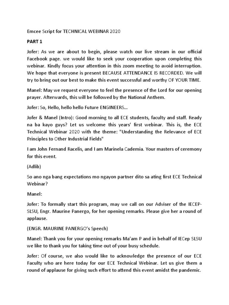 Emcee Script For TECHNICAL WEBINAR 2020 | PDF